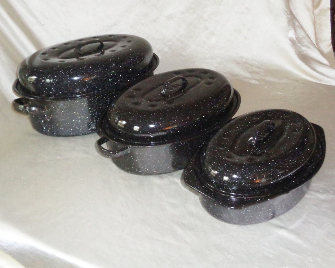 3 Vintage Enamel Speckle Ware Roaster Pans With Lids Large Med Small in ...