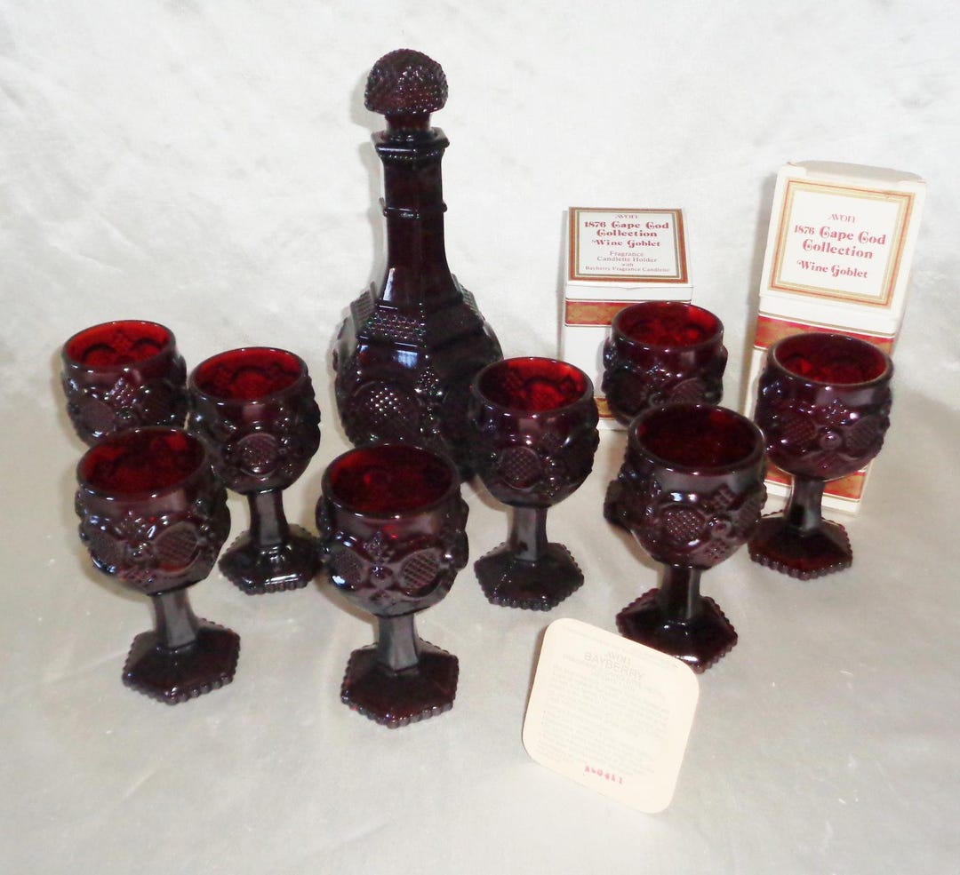 Avon Cape Cod Decanter & 8 Wine Goblet Glasses Set W Bayberry Candle ...