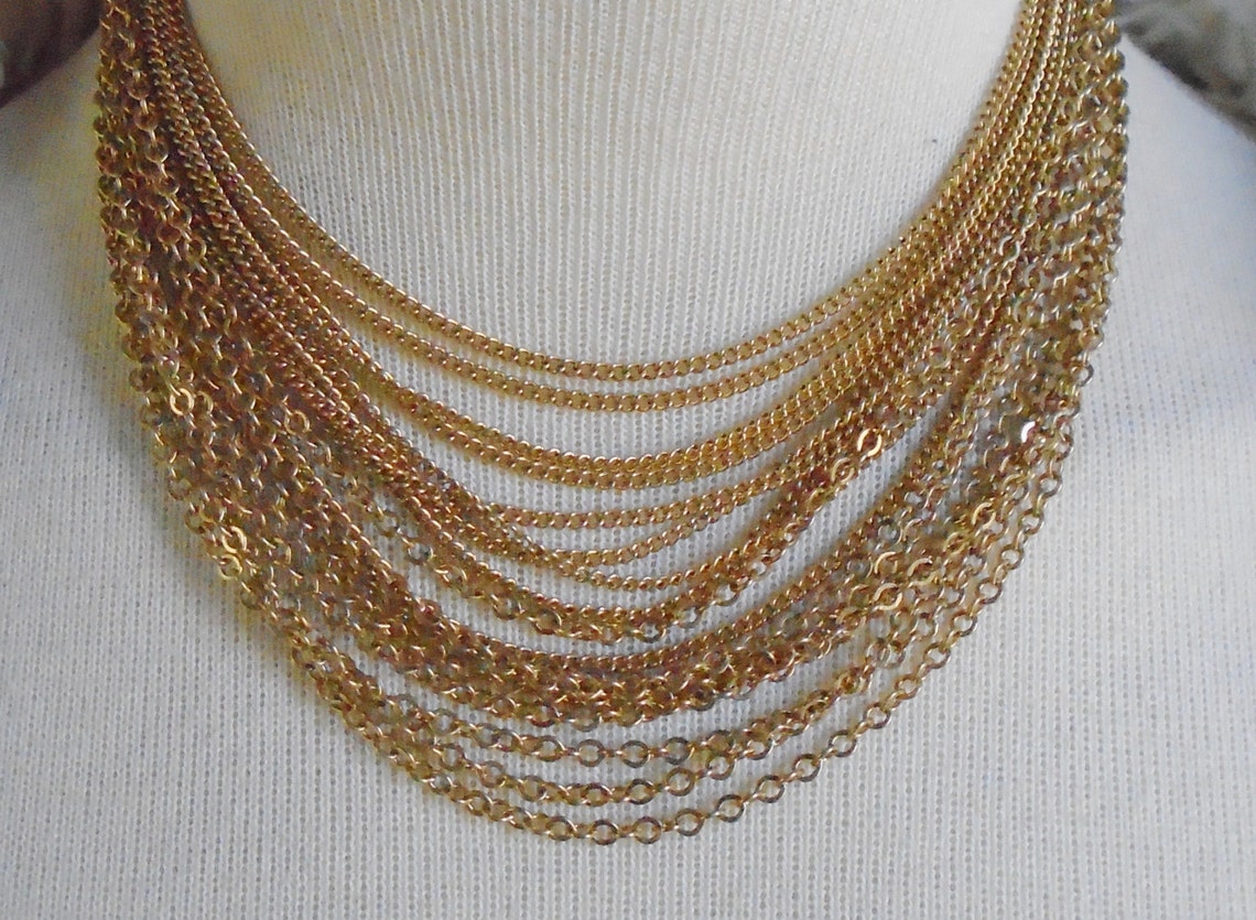 Chain Necklace 17 Strand Vintage Gold Tone Unsigned | Etsy