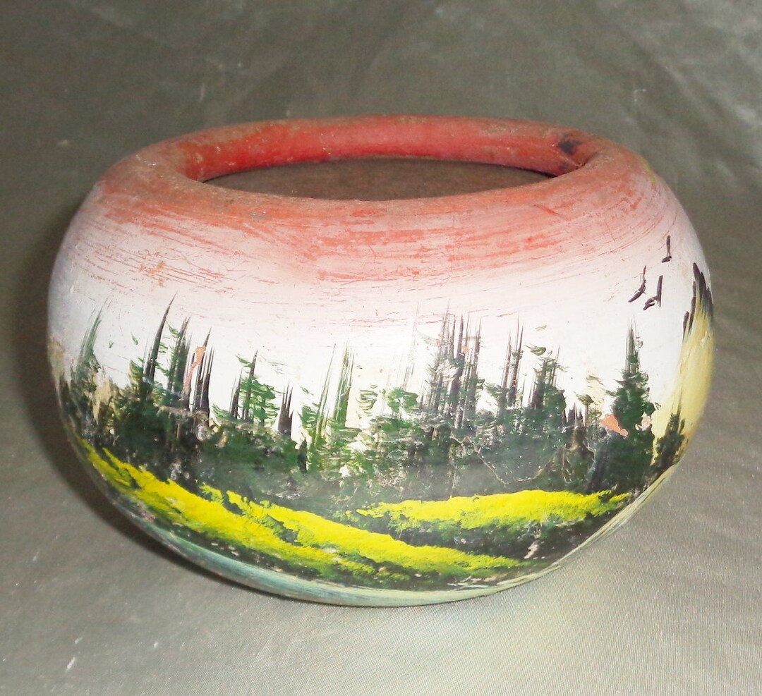 Folk Art Red Clay Hand Painted Pottery Planter~ Mountain Woods Scene ...