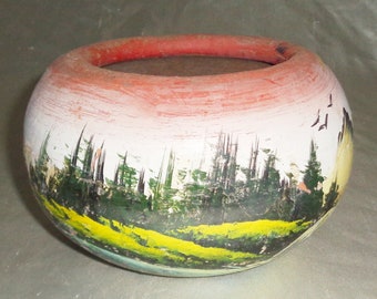 Folk Art Red Clay Hand Painted Pottery Planter Red Floral Pattern ...