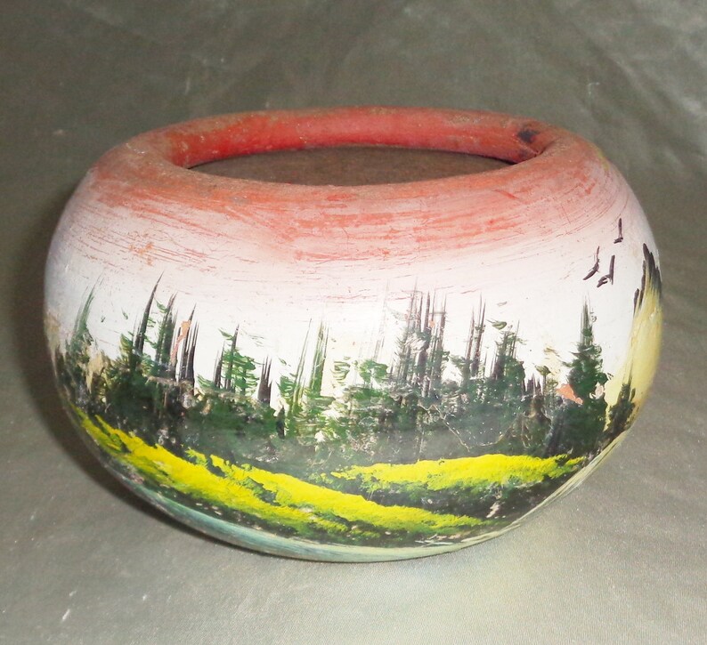 Folk Art Red Clay Hand Painted Pottery Planter Mountain Woods - Etsy