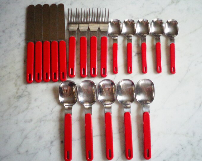 MIC Scandia Stainless Steel Japan Red Handle Flatware Set Knives Forks ...