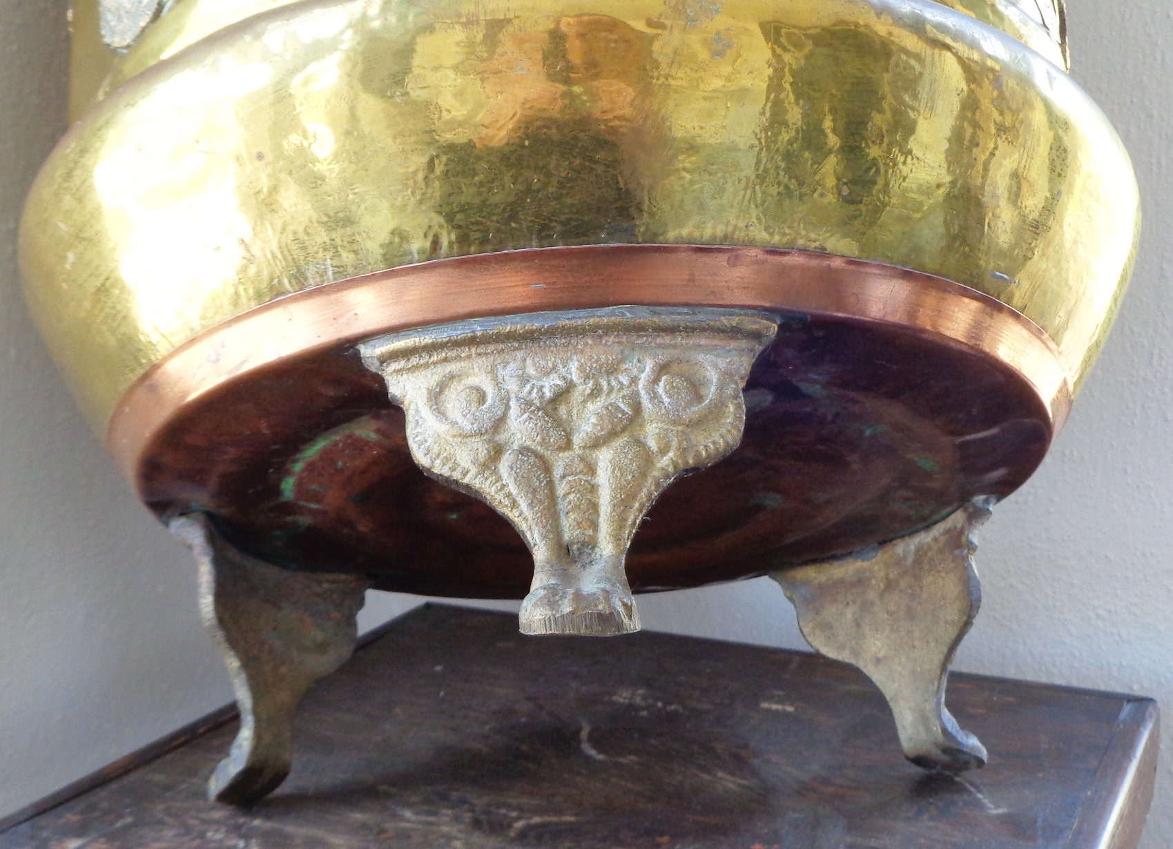 Copper Kettle Cauldron LARGE Rare Primitive Antique Footed Brass Bronze ...