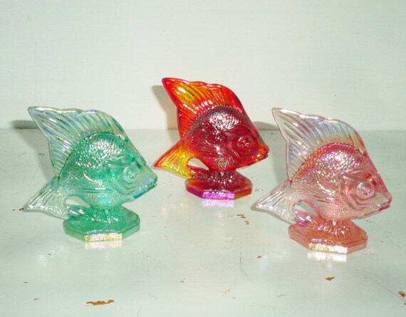 FENTON Carnival Glass Angel Fish Set of 3 Red Teal & Pink - Etsy