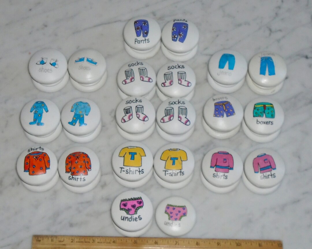 Wood Dresser Drawer Pull Knobs W Socks Pants Shirts Shoes Undies Litho ...