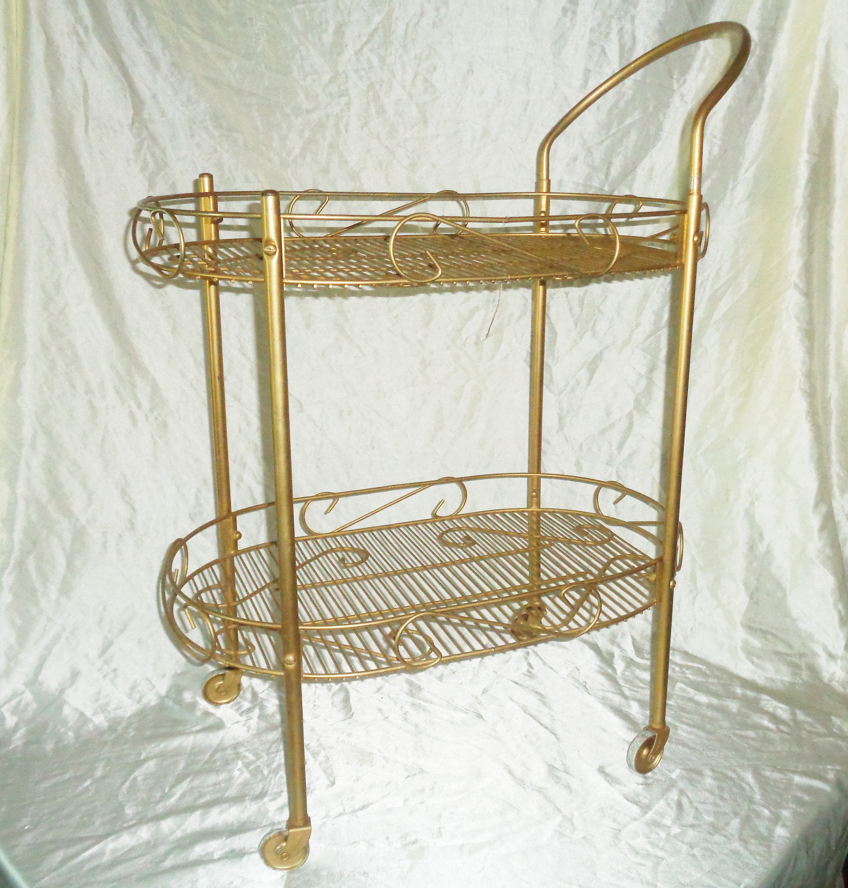 Oval Wheeled Tea Cart ~ Gold Iron Rod 2 Tier ~ Vintage Retro Mid ...