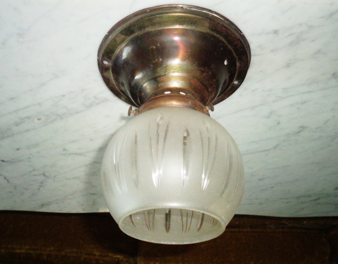 Open Etched Orb Glass Ball Globe Shade in Antique Brass Ceiling Light ...