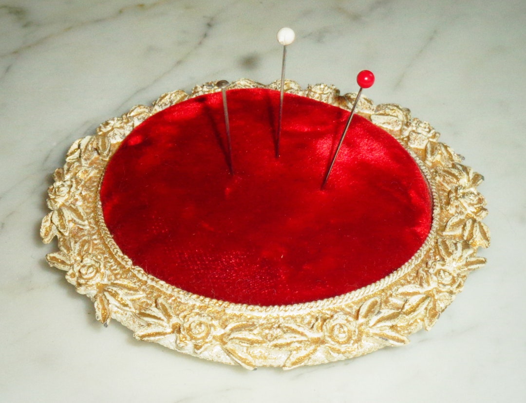 Vintage Pin Cushion, Sewing Pin Holder~ White Floral Metal With Red ...