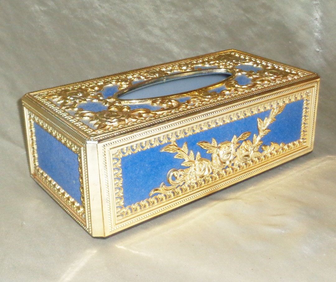 Blue Velvet & Lucite Gold Metal Floral Flower Kleenex Box Holder W Wall ...