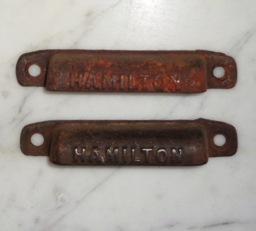 2 "hamilton" Antique Cast Iron Metal Bin Cup Drawer Pulls ~ 4 1/8 Inch ...