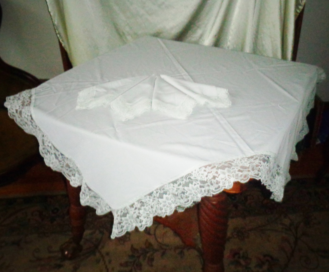 Formal Dining White Table Cloth W Lace Edging 49x49inch With Matching ...