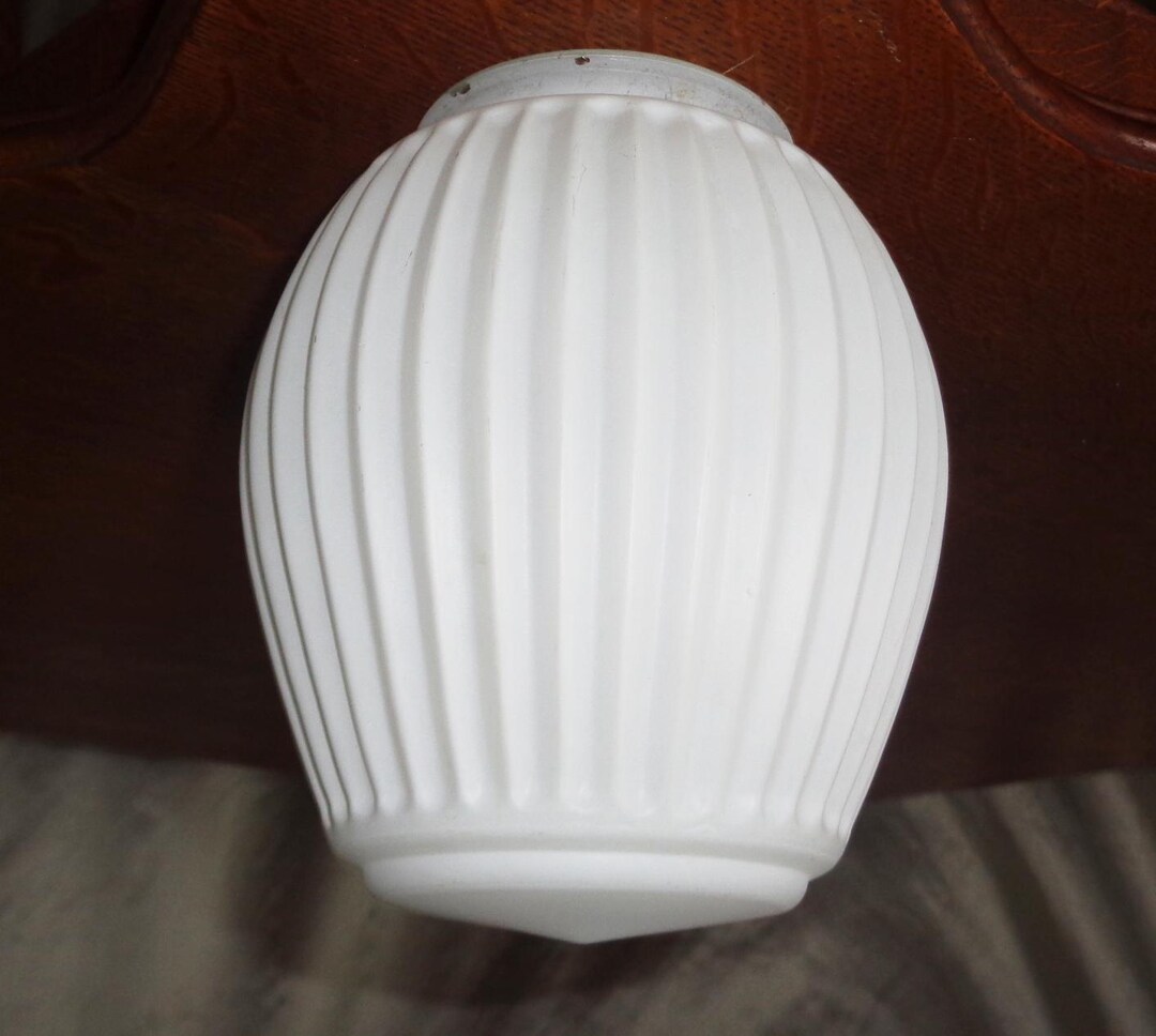 White Ribbed Glass Light Fixture Cover W 3 1/4 Inch Fitter Rim, Vintage ...