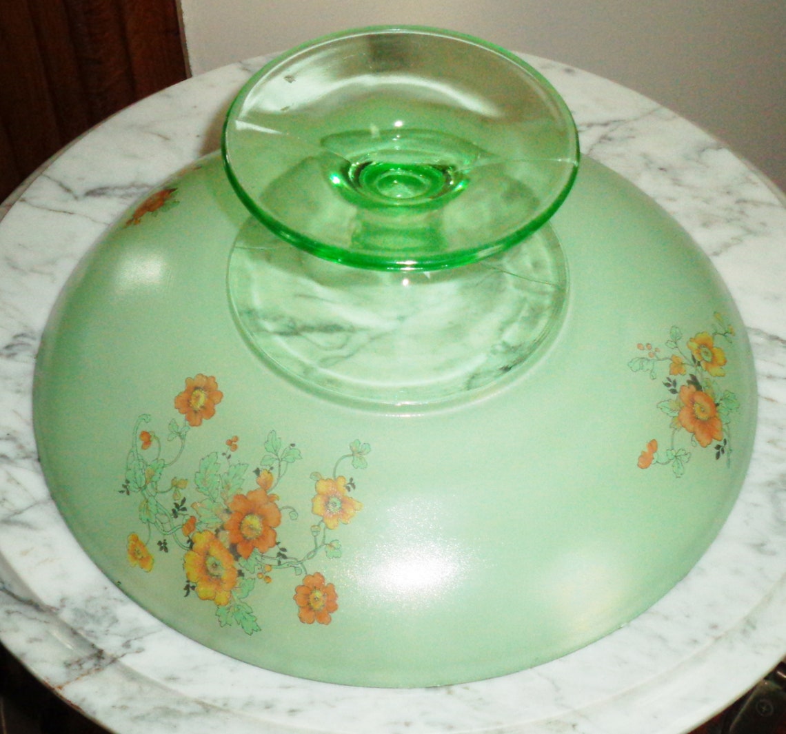 Green Depression Glass Compote With Frosted Body & Applied Flowers ...