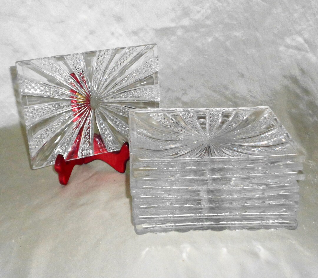 Pressed Glass Rectangular Plates, Vintage Diamond Burst Pattern, Set of ...