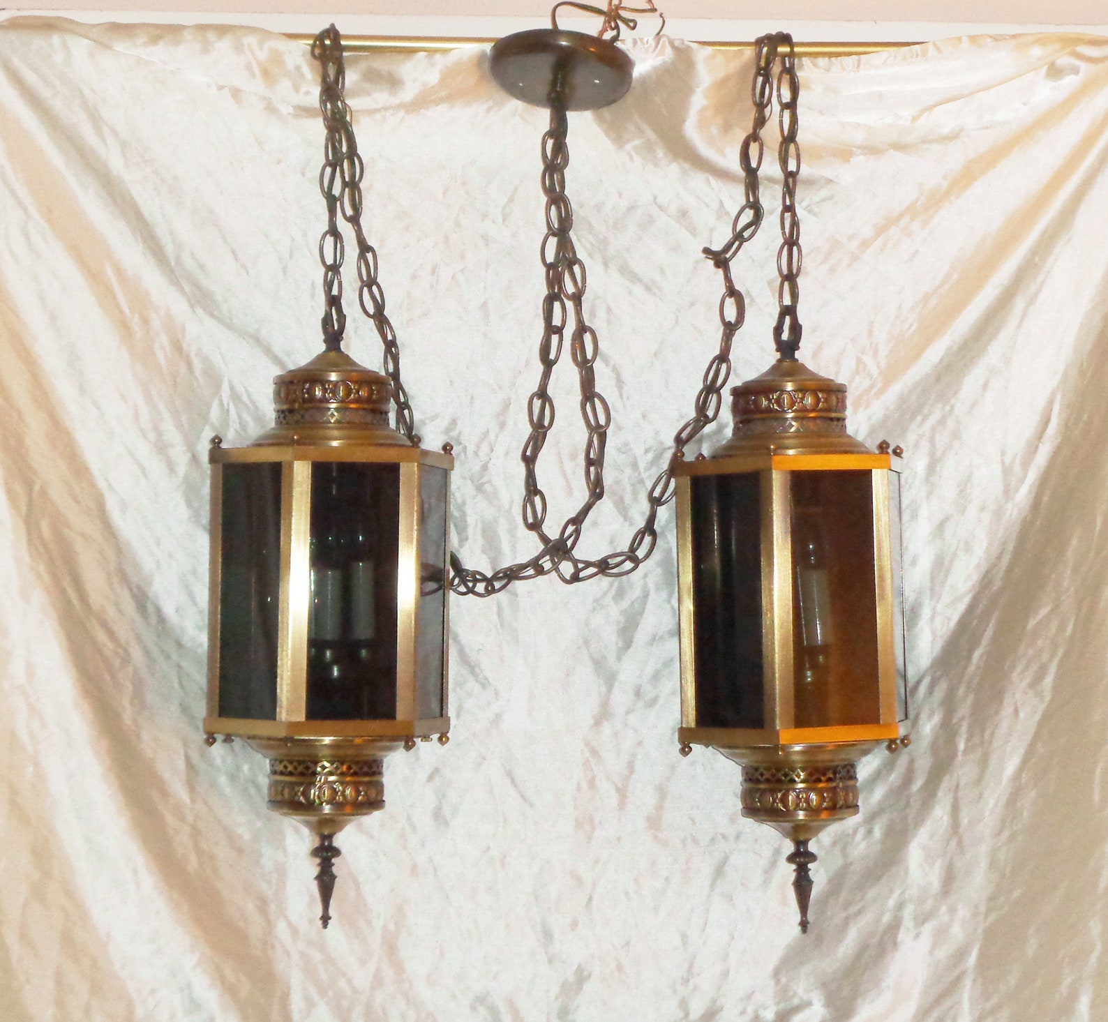 Double Hanging Pendent Light Fixture Vintage Mid Century 6 Panel ...