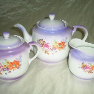 18pc Vintage Tea Set Purple White & Floral Tea Cups Saucer Tea Pot ...