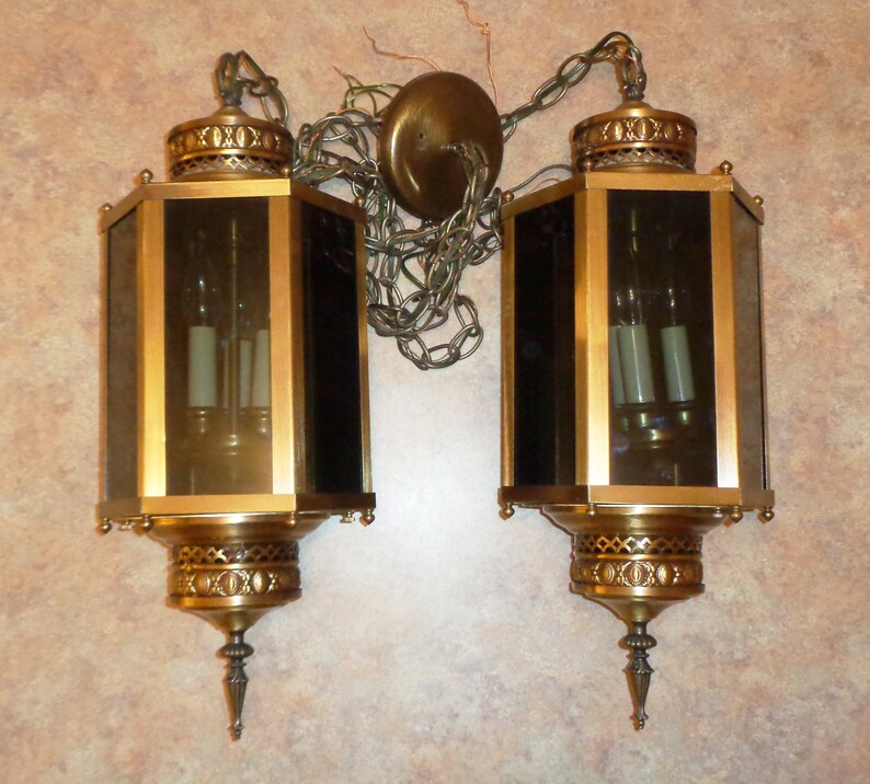 Double Hanging Pendent Light Fixture Vintage Mid Century 6 Panel ...