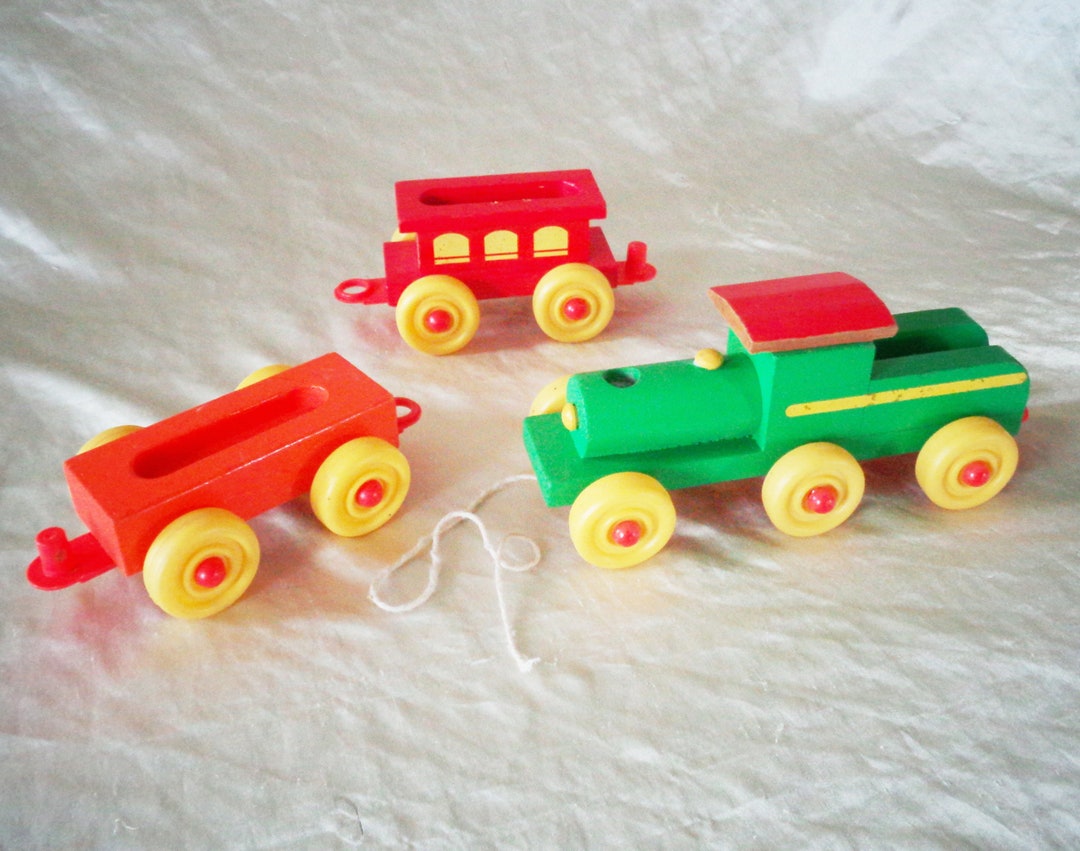 Vintage Wooden Toy Train With Pull String ~ Engine Coboose + - Etsy