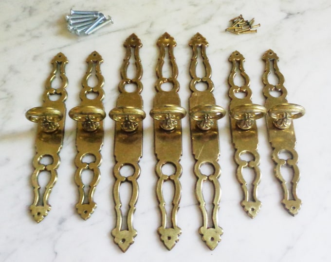 Brass Key Knob & Back Plate Cabinet Drawer Pull Handles, Set of 7 ...