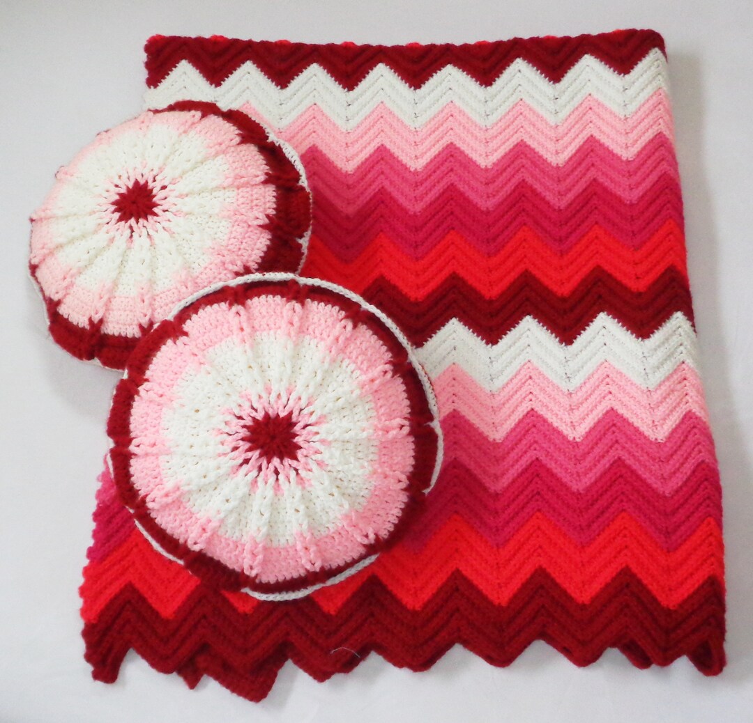 Afghan Throw Blanket Vintage Crochet Hand Made White Pink Maroon 64x53 ...