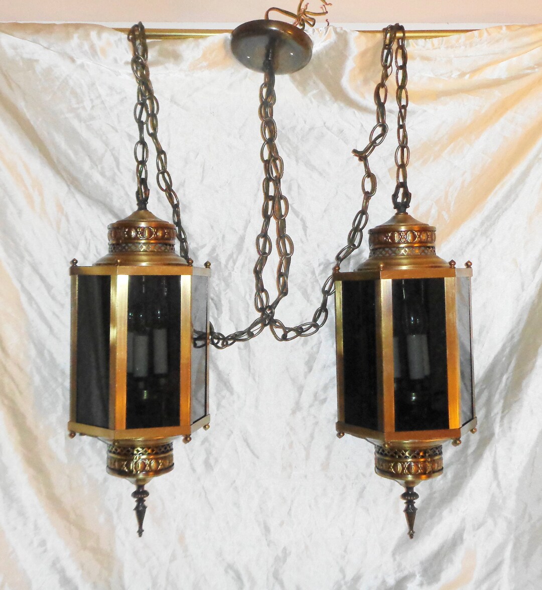 Double Hanging Pendent Light Fixture Vintage Mid Century 6 Panel ...