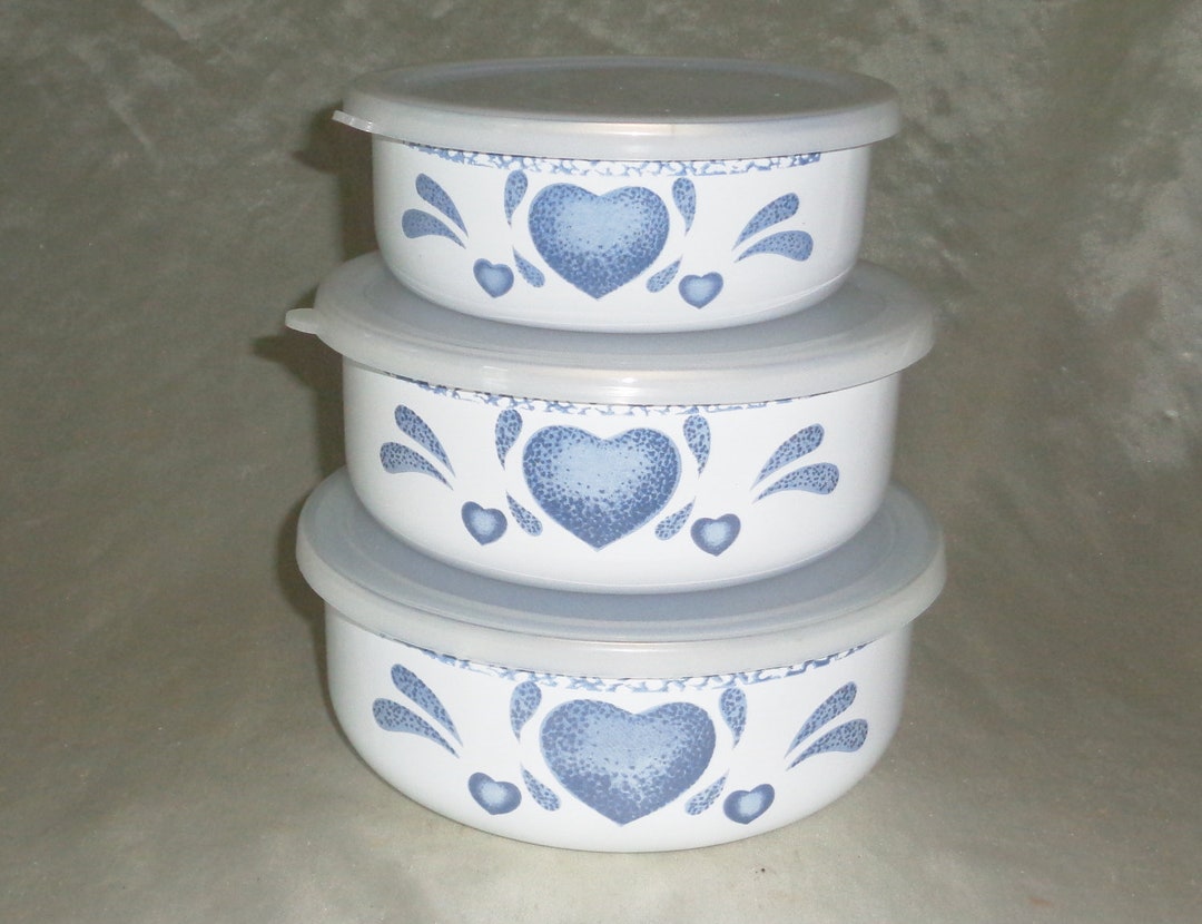Enamel Blue Country Heart Graduated Nesting Mixing Bowls Set of 3 With ...