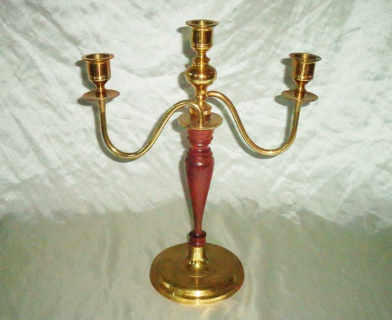 Brass Metal Rod 3 Arm Wood Stem Candle Holder Candelabra - Etsy