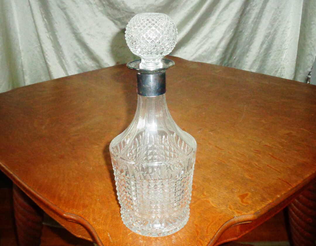 Diamond Point Glass Silver Rim Decanter W Stopper, Vintage Glassware - Etsy