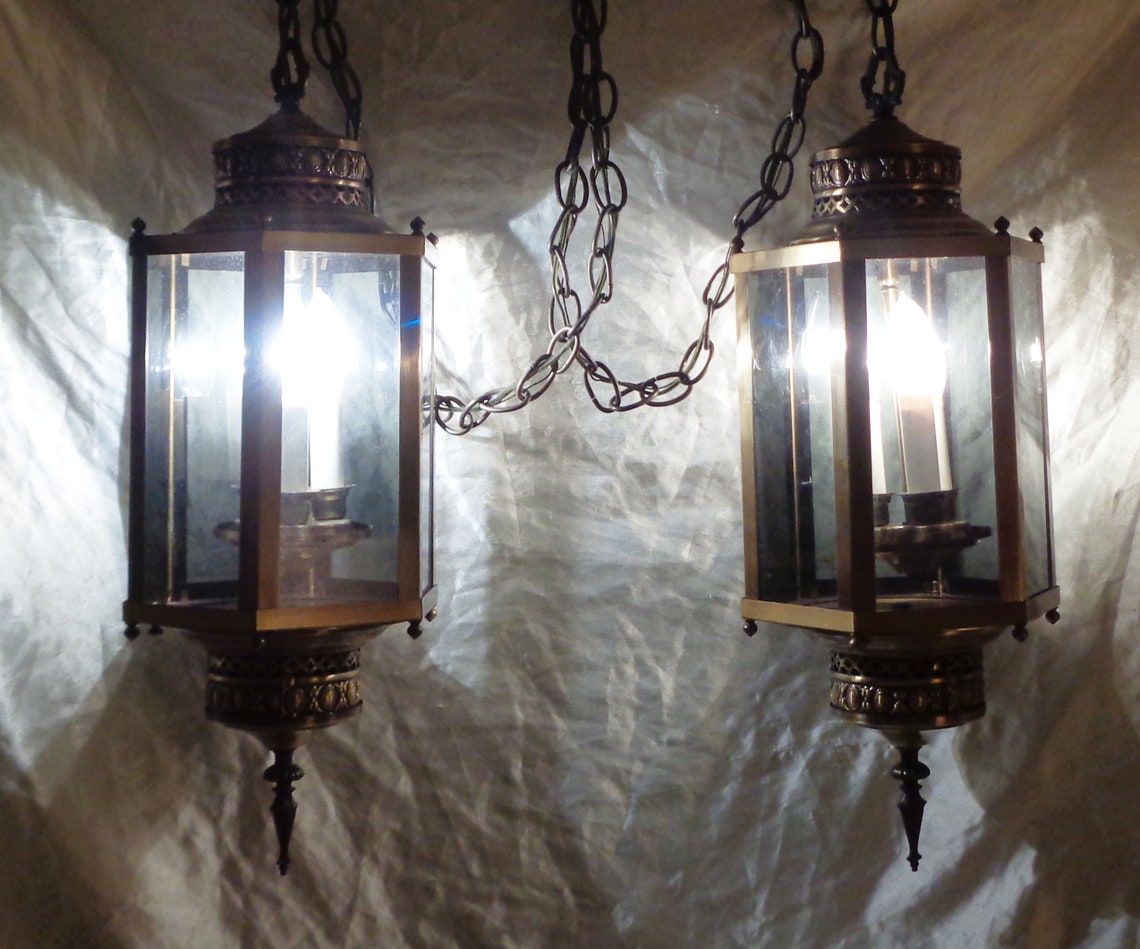 Double Hanging Pendent Light Fixture Vintage Mid Century 6 Panel ...