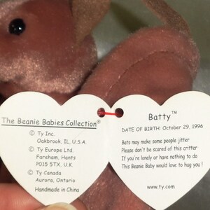 Ty Beanie Babies Baby 1997 Batty the Bat Birthday October 29, 1997 ...