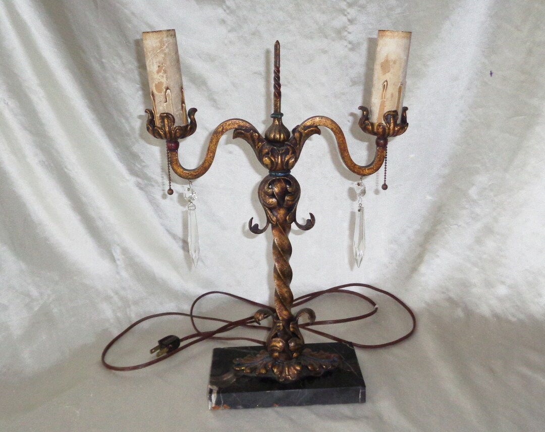 Candlestick 2 Arm Twisted Iron Rod, Marble Base, Pull String Table Lamp ...
