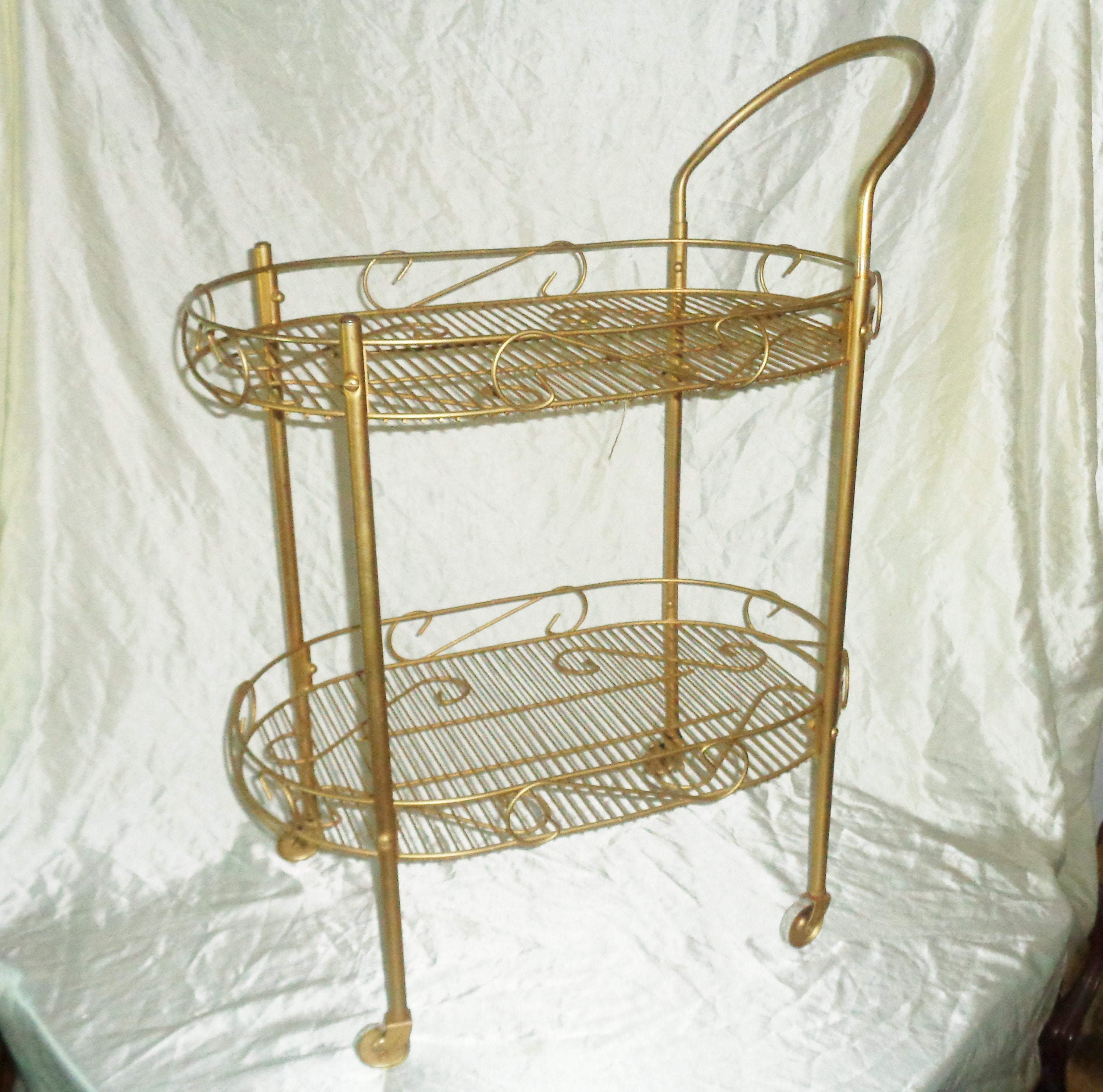 Oval Wheeled Tea Cart ~ Gold Iron Rod 2 Tier ~ Vintage Retro Mid ...