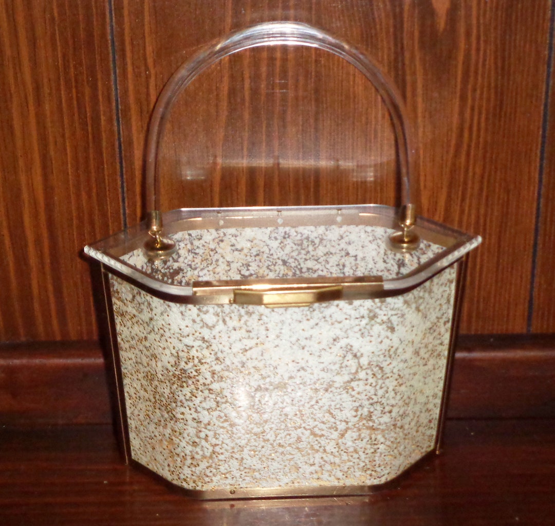 Majestic Lucite Gold & White Glitter W Brass Framing Clutch Purse ...