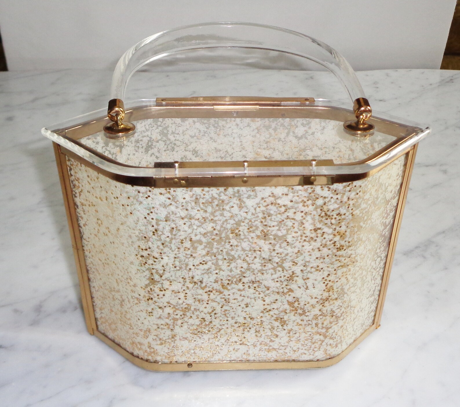 Majestic Lucite Gold & White Glitter W Brass Framing Clutch Purse ...