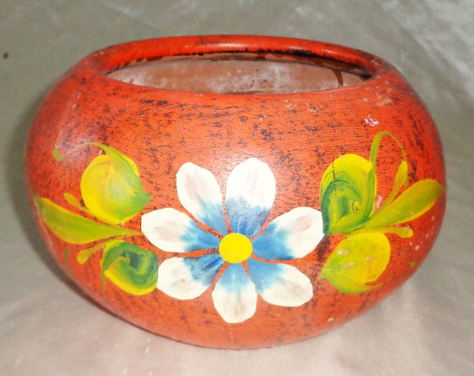 Folk Art Red Clay Hand Painted Pottery Planter~ Red Floral Pattern ...