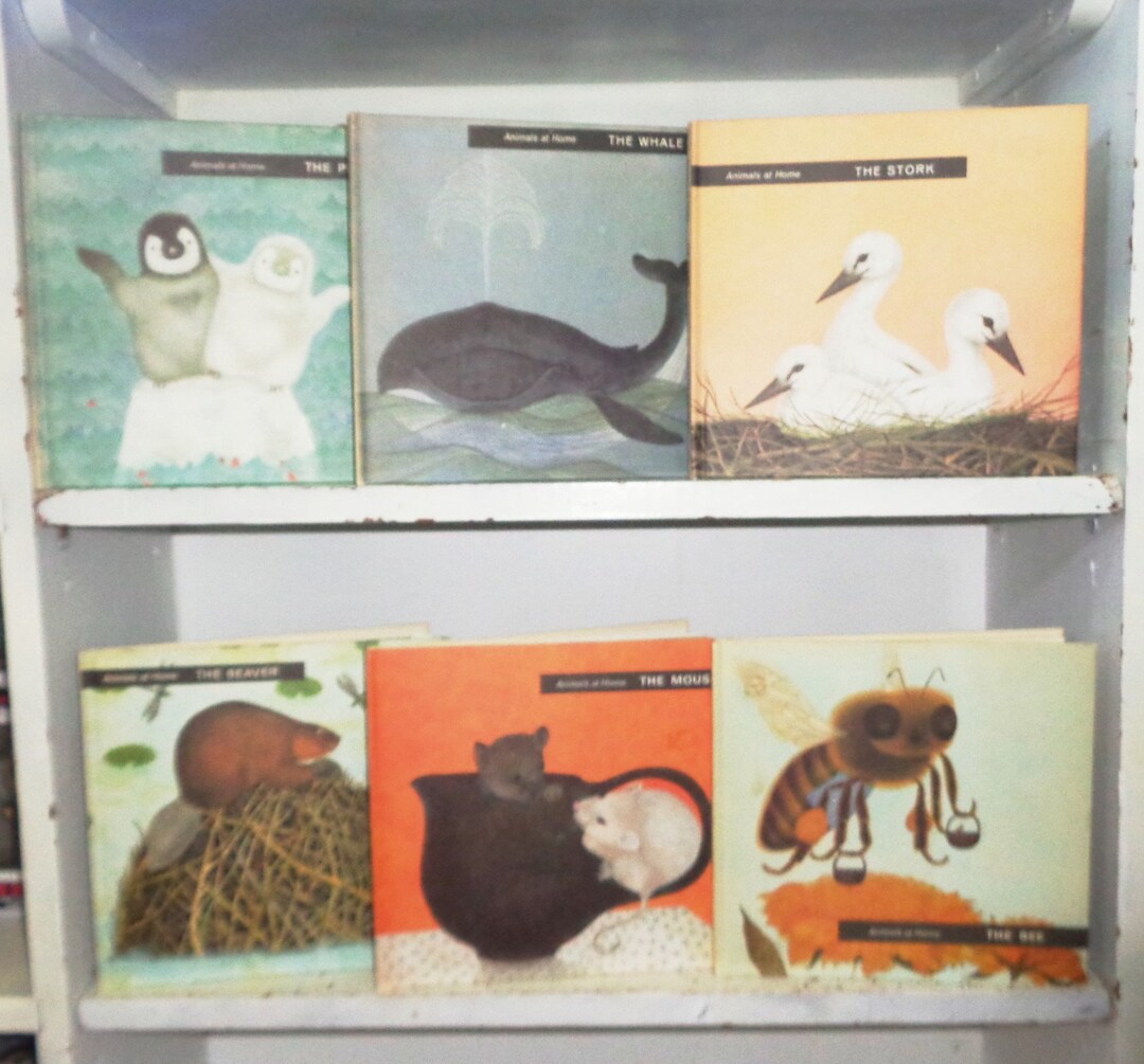 1969 Animals at Home 6 Volume Book Set~ Bee Whale Stork Penguin Mouse ...
