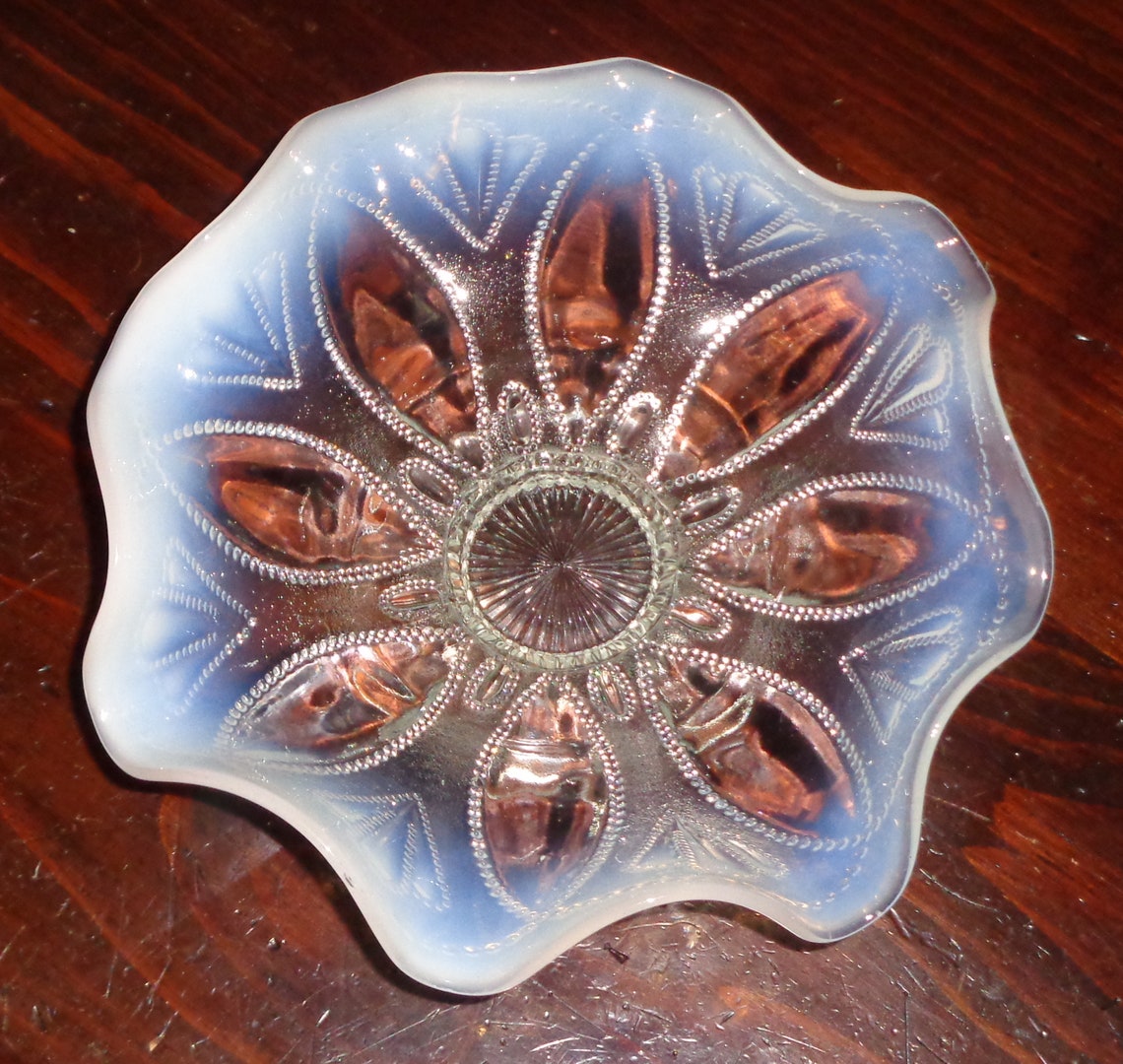 Opalescent Moonstone Beaded Glass Ruffled Rim Candy Dish Bowl | Etsy