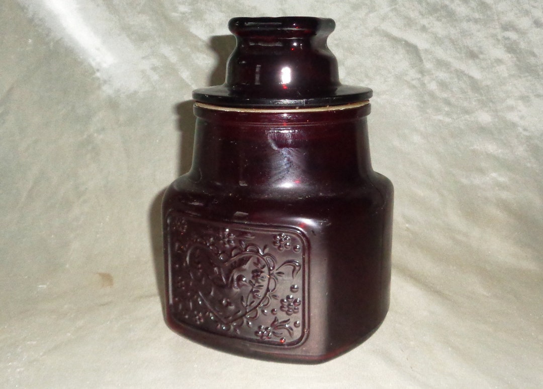 Wheaton Ruby Red 8 Inch Cookie Jar Apothecary Canister W Fish & Heart ...