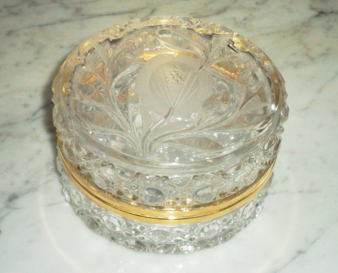 Dresser Box Rose Pattern Button Glass W Gold Tone Hinged - Etsy