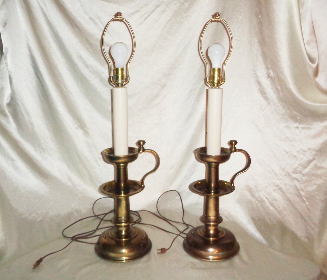 3 Way Brass Candlestick Style Table Lamps Set Signed Stiffel, Hollywood ...