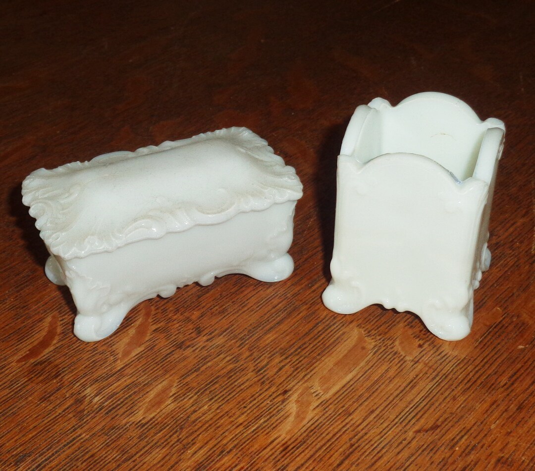 Antique Milk Glass Footed Toothpick Holder & Matchstick Holder Box W ...