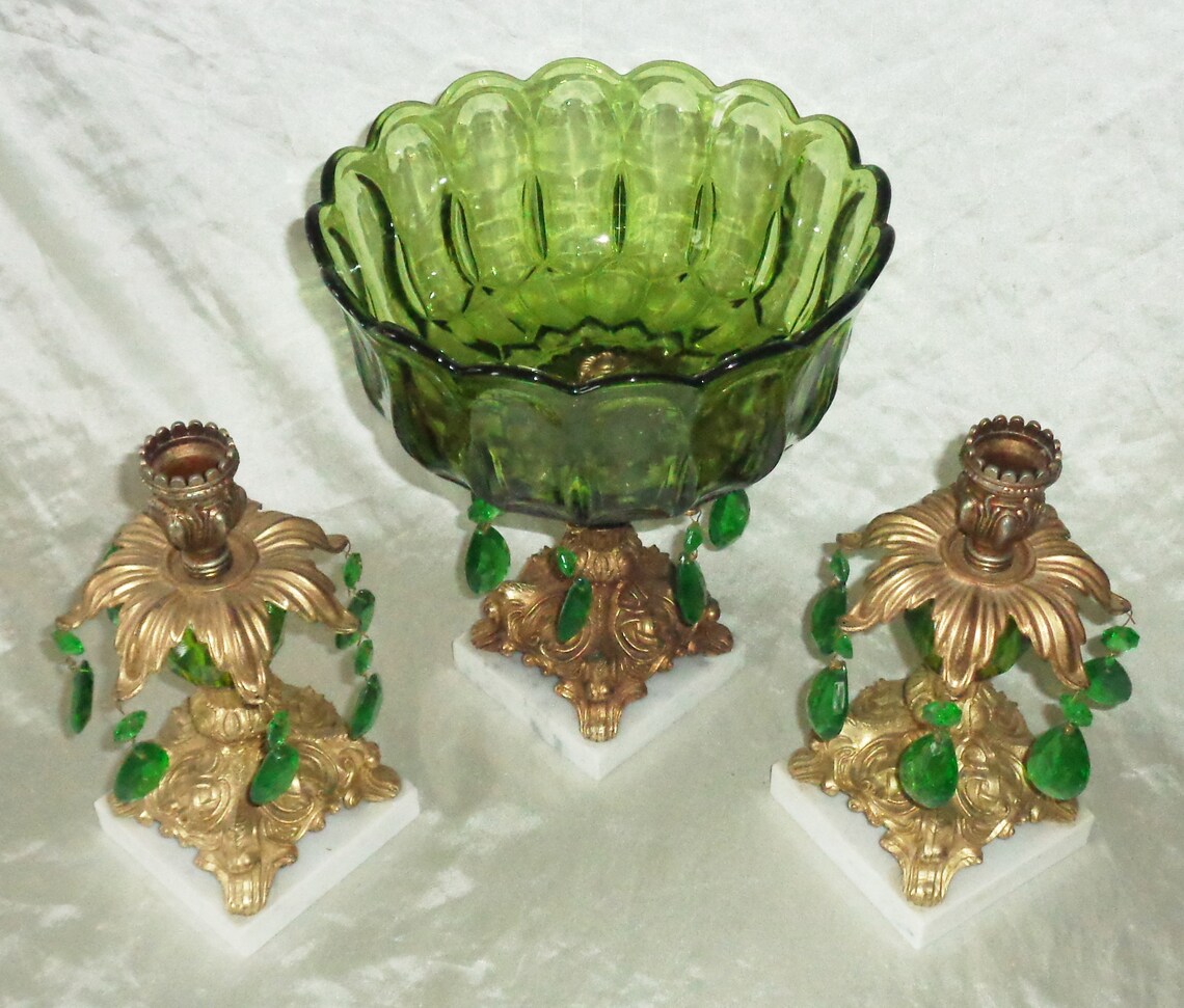 Centerpiece Compote & Candleholder Set Green Lucite W Glass | Etsy