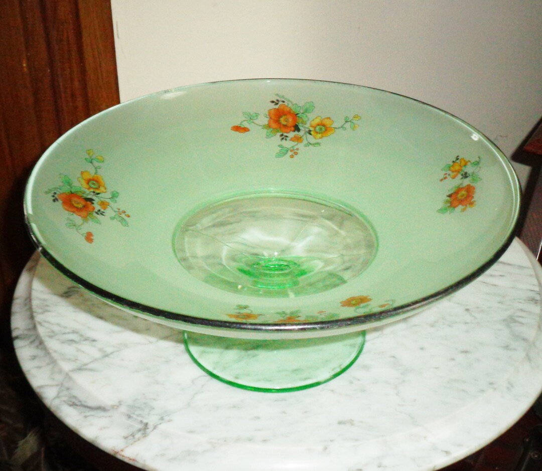 Green Depression Glass Compote With Frosted Body & Applied Flowers ...