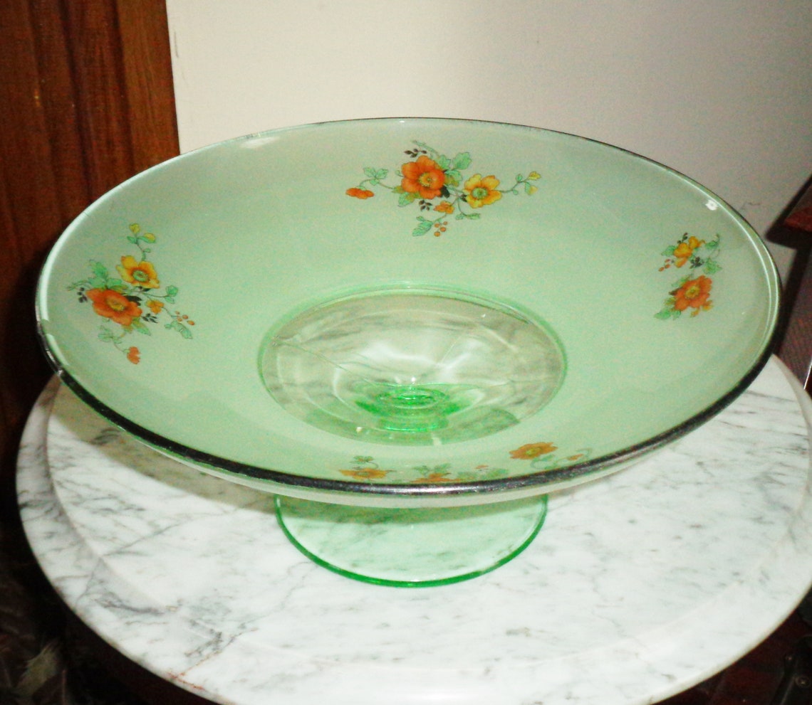 Green Depression Glass Compote With Frosted Body & Applied | Etsy
