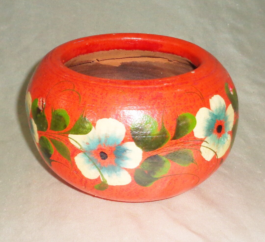 Folk Art Red Clay Hand Painted Pottery Planter W Hanging Holes ~ Red ...