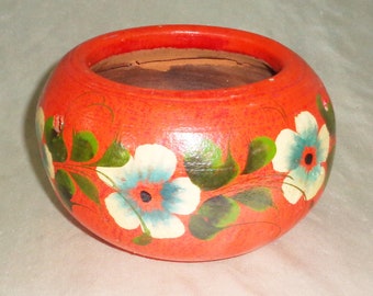 Folk Art Red Clay Hand Painted Pottery Planter~ Mountain Woods Scene ...