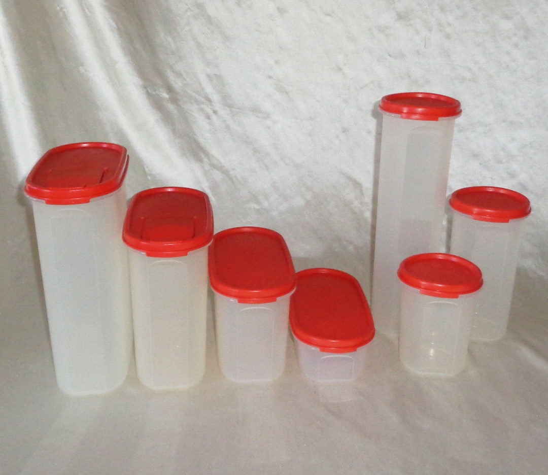 7pc Tupperware Modular Mates Red Lids White Containers Lot ~ 1661 1641 ...
