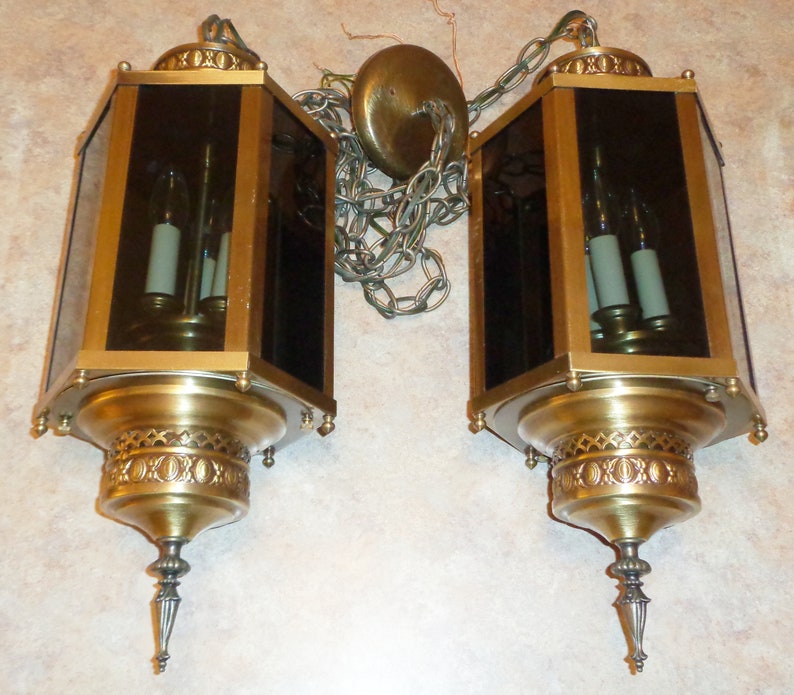 Double Hanging Pendent Light Fixture Vintage Mid Century 6 Panel ...