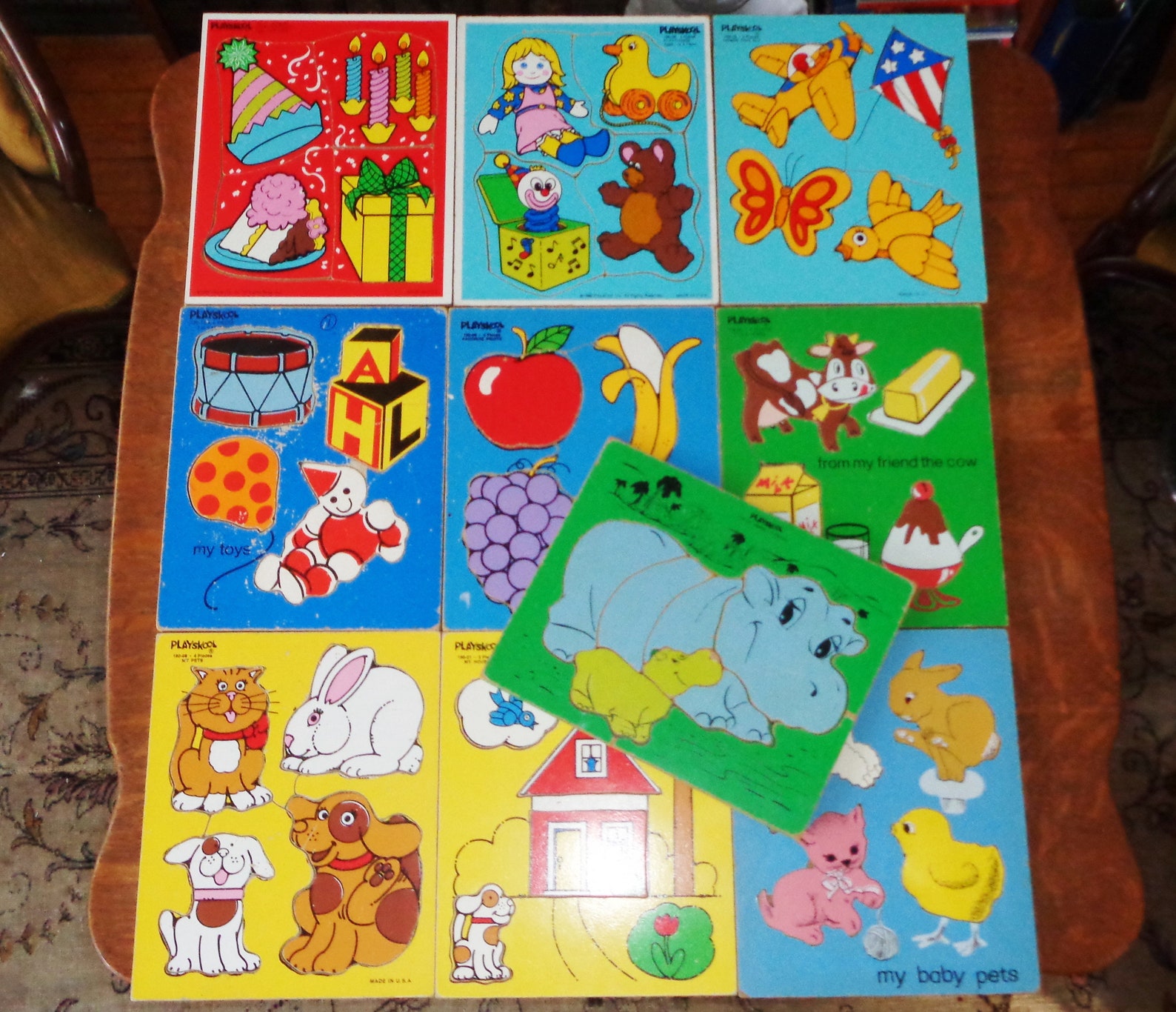 10 Original Vintage Playskool Wood Puzzles Toys Fruits Pets House Hippo ...